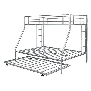 Metal Bunk Beds Twin Over Full Size with 2 Ladder and Trundle Bed for Kids Teens Adults, (Silver)