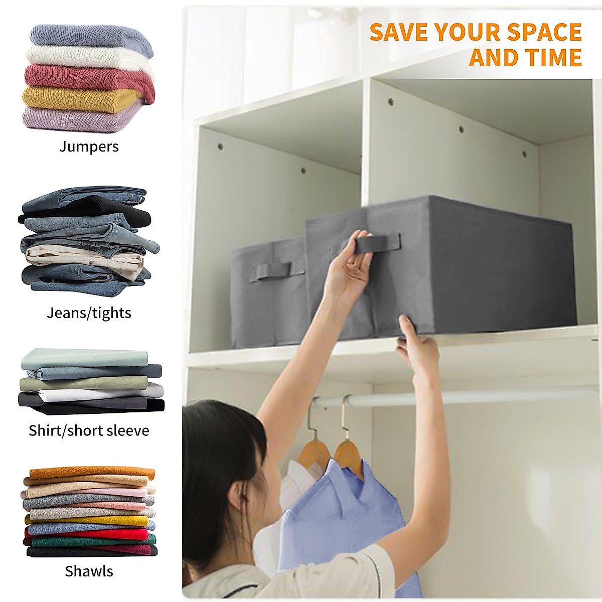 6 Pcs Large Size Wardrobe Clothes Organizers 5/7/9 Grids Foldable Clothes Organizers with Handles for Pants, Jeans, Sweater, T-shirt, Thin Coat, Dress 16.9 x 11.8 x 8.6 Inches Stackable Storage Bin