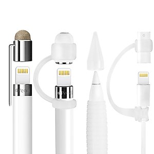 [5-Piece] MEKO Accessories for Apple Pencil Cap Holder/Nib Cover/Lightning Cable Adapter Tether/ 2 in 1 Fiber Cap as Stylus/Soft Silicone Protective Grip for iPad Pro Pencil