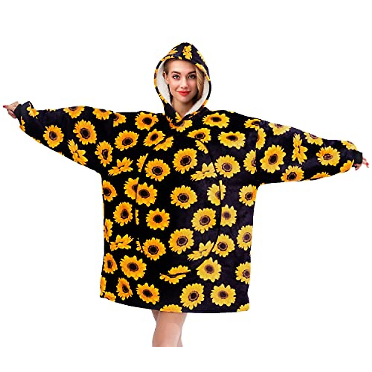 vavalad Sunflower Wearable Blanket Sweatshirt Sherpa Oversized Hoodie TV-Blanket with Sleeves and Pockets for Adults Men Women Teens One Size Fits All