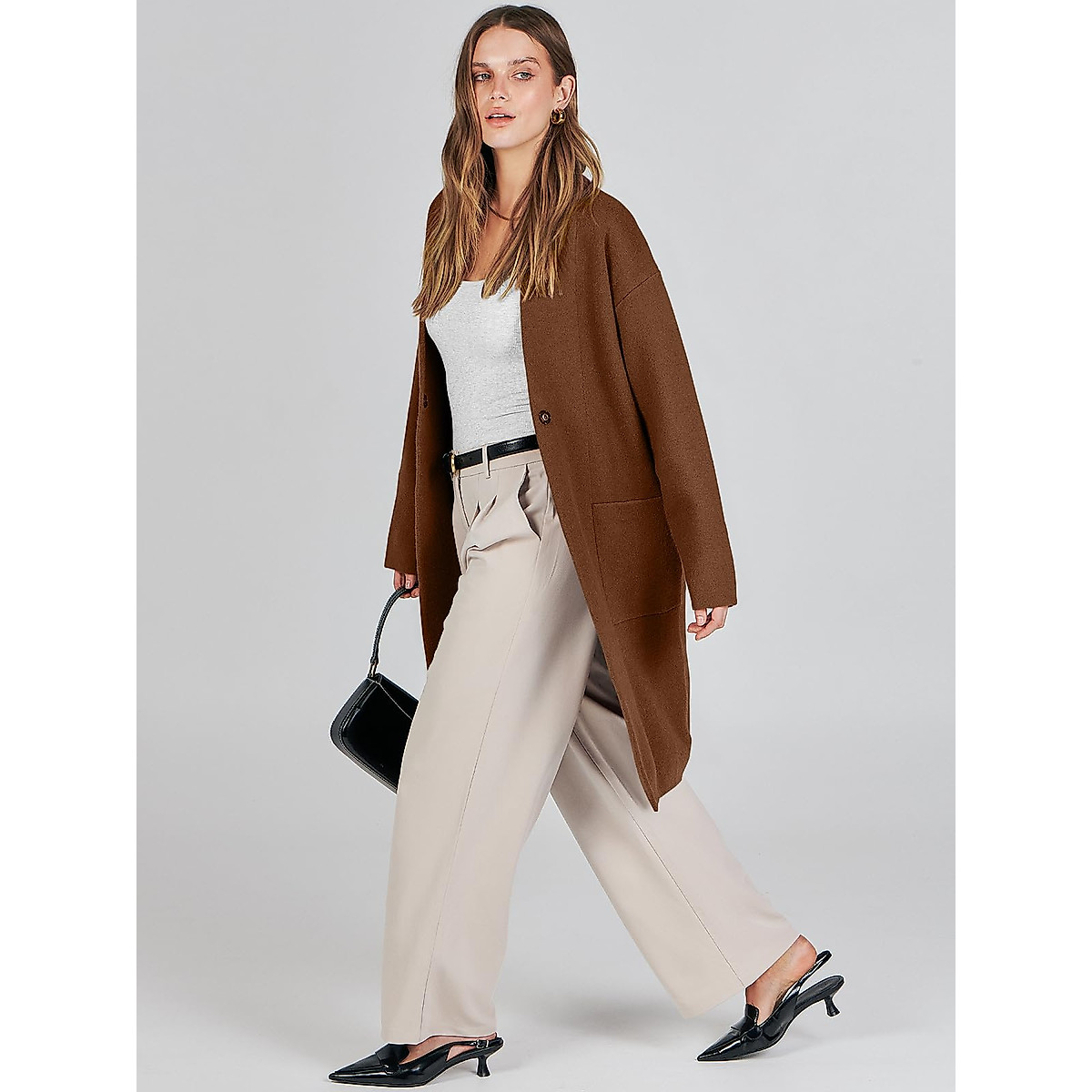 ANRABESS Women's 2023 Cardigan Coat Long Sleeve Open Front Knit Casual Coatigan Sweater Classy Trendy Clothes Spring Going Out Jacket Outwear B1123jiaotang-M, Caramel