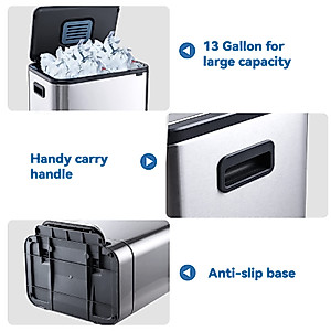 Kitchen Trash Can - ELPHECO - 13.2 Gallon Stainless Steel Garbage Bin with Soft Slow Lid, 50 Liter Pedal Trash Can, Durable Pedal, Removable Plastic Inner Bucket Waste Bin for Office, Kitchen, White