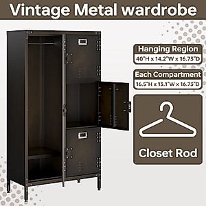 MIIIKO Steel Wardrobe Cabinet Locker, Rustic Metal Storage Cabinet with Shelf, Lockable Doors and Hanging Rod, Industrial Locker Cabinet for Living Room, Bedroom, Home Office and Club