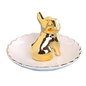 Lependor Dog Ceramic Jewelry Tray Ring Holder Trinket Dish Necklace Earrings Rings Jewelry Organizer Display Jewelry Trinket Holder Home Decoration - Gold Bulldog