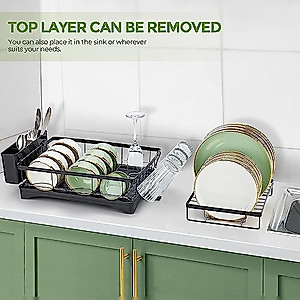 Dish Drying Rack, Dish Rack for Kitchen Counter, Over Sink Dish Drying Rack with Drain Board, 2-Tier Large Capacity Dish Drainer Organizer Shelf with Utensil Holder, Wine Glass Holder - Black