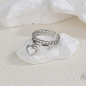 Shell Heart Charm Dangle Open Finger Ring Adjustable Open Stacking Statement Double Layer Chain Bands Fashion Promise Eternity Rings for Women Teen Girls Bride Wife Jewelry Aniversary Wedding Valentines Gifts