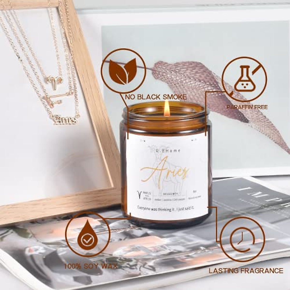 U.EHome Aries Zodiac Gifts，Aries Gifts for Women，March Birthday Gifts for Women, Zodiac Sign Gifts，Astrology Gifts for Women，All-Natural Soy Wax - 8oz,50 Hour Burn