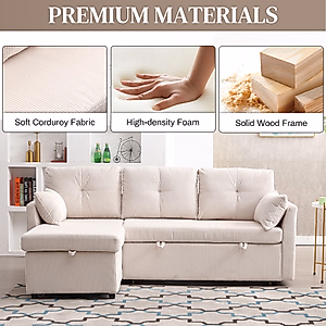 DAMAIFROM Convertible Sofa Bed Sleeper, 3 Seater L-Shaped Sleeper Sectional Sofa with Storage Chaise, Comfy Corduroy Couch, Upholstered Pull Out Sofa Bed for Living Room, Beige