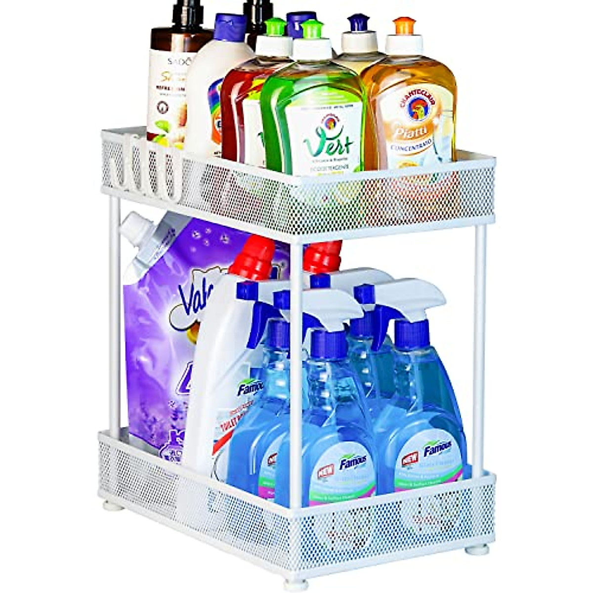 SZJHXIN Under Sink Organizers and Storage,Kitchen Bathroom Cabinet Organizer and Storage,2 Tier Metal Under Cabinet Basket Storage Shelf with 4 Hooks,Under Sink Cabinet Storage Organizer(White)