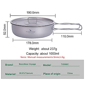 Boundless Voyage Titanium Non-Stick Frying Pan with Folding Handle Non-Stick Ceramic Coating Frypan Cooking Pot for Outdoor Camping Picnic Backpacking (L) with Lid