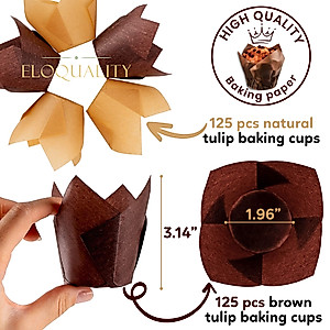 Baking Cups Cupcake Wrappers Set - 250 Pcs Brown Greaseproof Tulip Paper Cake Tin Liners and Natural Color Tulip Baking Parchment Papers for Muffins Cupcakes Mini Snacks Wedding Birthday Party