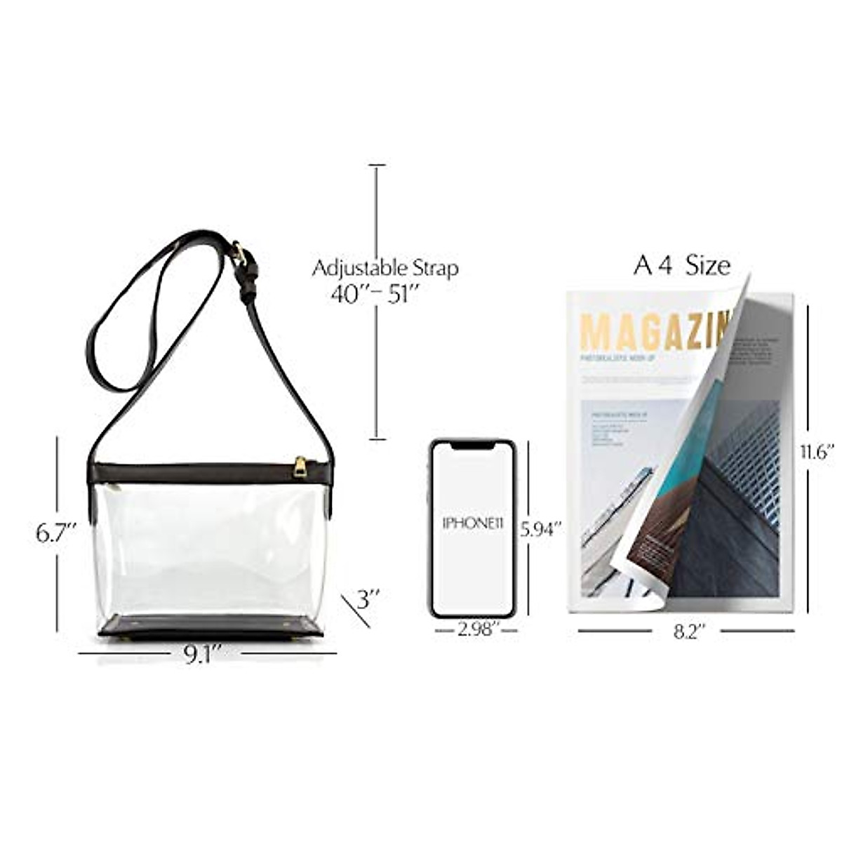 Clear Zipper Cross Body Bag with Vegan Leather Trim (Black)