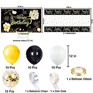 Gold Black Happy Birthday Extra Large Fabric Sign Poster Background Banner with 2pcs Waterproof tablecloths and 50pcs Metallic Shiny Latex Balloons for Birthday Party Backdrop Decoration Supplies