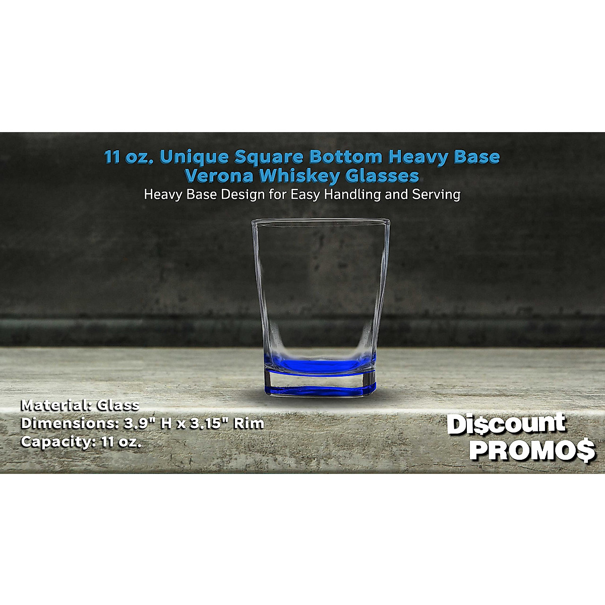 DISCOUNT PROMOS 10 Verona Whiskey Glasses Set, 11 oz. - Durable, Thick Base, Color Bottom, Barware - Blue