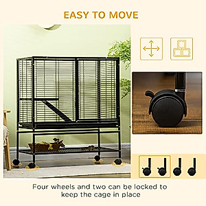 PawHut Guinea Pig Cage with Tray, Small Animal Habitat, Metal Wire Chinchilla Cage, Hedgehog Cage, Pet Ferret Cage with Wheels & Storage Shelf, Little Critter Cage