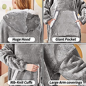 Wearable Blanket Hoodie Women and Men, Oversized Sherpa Sweatshirt with Hood Pocket and Sleeves, Super Soft Warm Comfy One Size Fits All (Light Grey, One Size)
