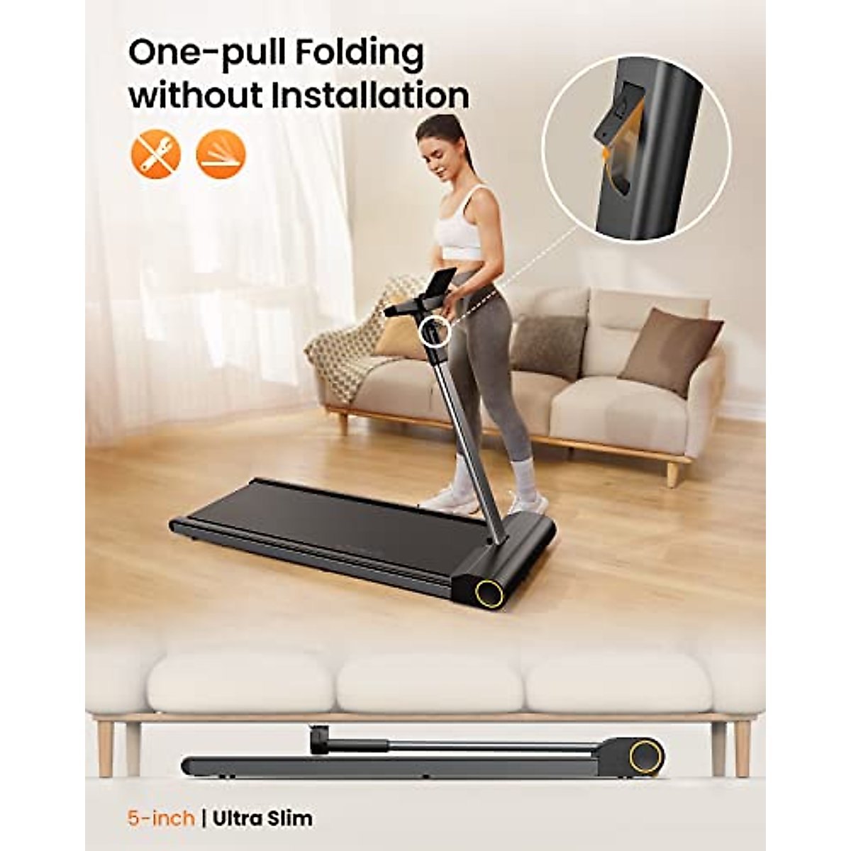 UREVO Under Desk Treadmill, Foldable Treadmill with APP, Folding Treadmill with Touch Screen, 2.5HP Walking Treadmill Under Desk, Walking pad Treadmill for Office with Handrail Black