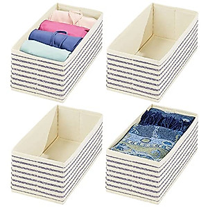 mDesign Soft Fabric Dresser Drawer and Closet Storage Organizer Bin for Bedroom - Holds Lingerie, Bras, Socks, Leggings, Clothes, Purses, Scarves, Lido Collection - 4 Pack - Natural/Blue Stripe