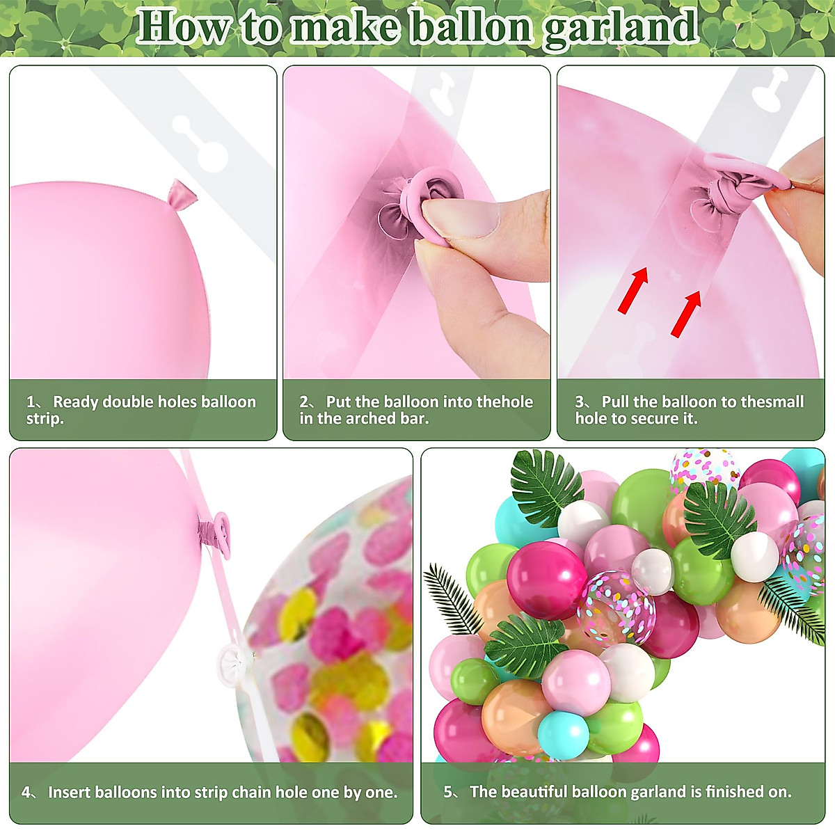 Amandir 140PCS Tropical Balloons Arch Garland Kit, Green Hot Pink Confetti Latex Balloons Palm Leaves for Tropical Hawaii Flamingo Birthday Baby Shower Wedding Party Decorations Supplies