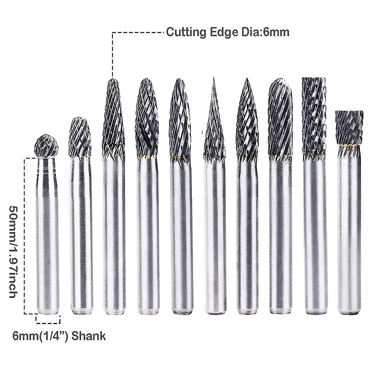 Eyech 10pc Tungsten Carbide Burr Set 1/4" Shank Double Cut Rotary Cutting Burr Set Die Grinder Bits for Steel Metal Wood Woodworking Carving, Polishing, and Engraving