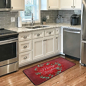Christmas Kitchen Rugs, Merry Christmas Wreath Red Doormat Bath Rugs Mat Non Slip Area Rugs for Bathroom Kitchen Indoor 39" X 20"