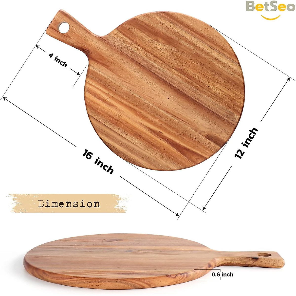PREMIUM ACACIA Wood Cutting Board with Handle (10"x16") Rectangular Acacia Wooden Kitchen Chopping Boards for Meat, Cheese, Bread, Vegetables & Fruits. (1Pcs-Round Cutting Board)