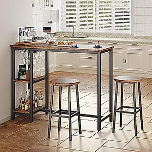 Qsun 3-Piece Bar Table and Chairs Set for 2, Bar Table Set with 2 Storage Shelves, Pub Table Set with Glass Holder for Living Room, Dining Room, Kitchen, Rustic Brown