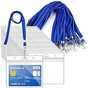 30Pcs Clear Plastic Horizontal Name Tags Badge ID Card Holders and 30Pcs Blue Flat Neck Lanyards with Swivel Hook