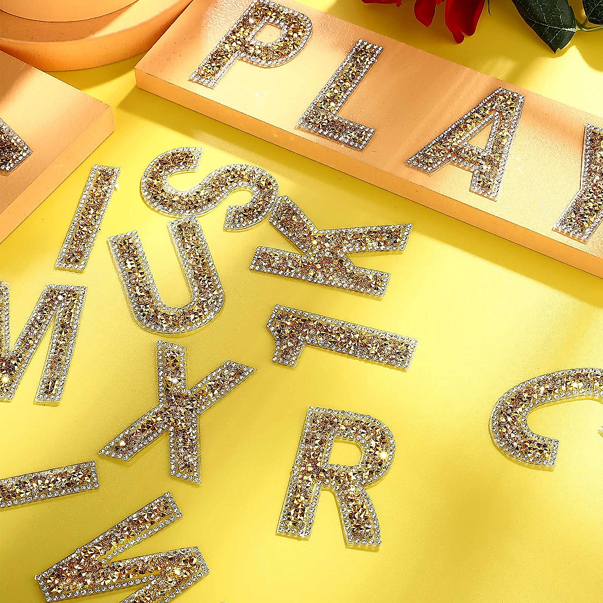 37 Pieces Rhinestone Letter Stickers Large Glitter Alphabet Stickers Number Crystal Self Adhesive Stickers Iron on Letters for Clothing Art Crafts DIY Decors (Gold, White)