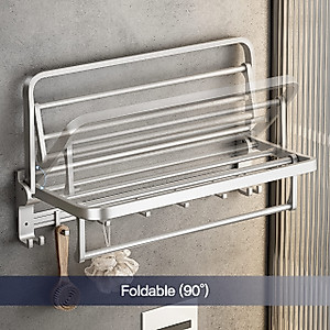 24 Inch Towel Rack with Towel Bar Holder Foldable Towel Shelf with Movable Hooks Rustproof Towel Storage Wall Mount for Bathroom Lavatory Silver