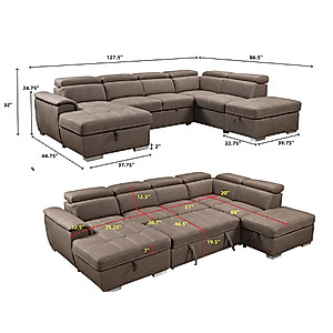 THSUPER 127'' Microfiber Oversized U-Shaped Sectional Sleeper Sofa Couch with Pullout Bed, 7 Seats Couch with Adjustable Headrests, Sofa with Storage Chaise and Ottoman for Living Room. Light Brown