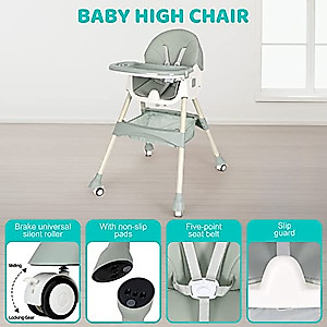 High Chair, MJKSARE Baby High Chair, High Chairs for Babies and Toddlers,Dining Tray & Backrest & Height Adjustable, Five-Point Safety Belt, Non-Slip Foot Pad, Foldable High Chair to Save Space