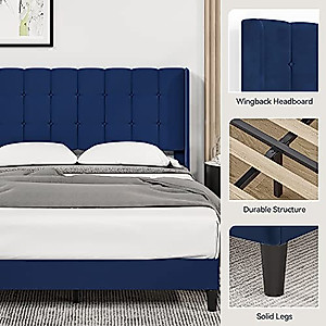 IDEALHOUSE Queen Size Bed Frame with Headboard Wingback, Upholstered Platform Bed with Button Tufted Headboard, Wooden Slats Support, Easy Assembly, Noise-Free, No Box Spring Needed, Blue