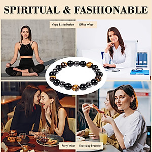 Handmade Bracelets for Women, Men Triple Protection Bead Bracelet -10 mm Hematite, Black Obsidian, Tiger Eye Jewelry Protection - Healing Stone Bead Bracelets for Women and Men Black Obsidian Bracelet