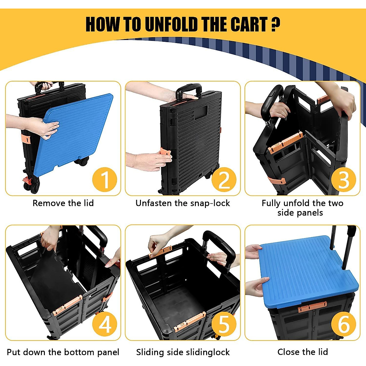 Foldable Utility Cart Folding Portable Rolling Crate Handcart Handcart Shopping Trolley Wheel Box with Lid,360°Rotate Wheels,Heavy Duty Durable Dolly Cart for Teacher Tourist Shopping Office Outdoor