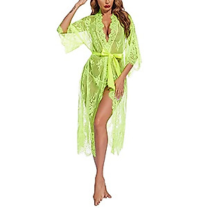 Avidlove Women Sexy Long Lace Lingerie Kimono Robe Sheer Babydoll Nightgown Nightdress Lemon Yellow