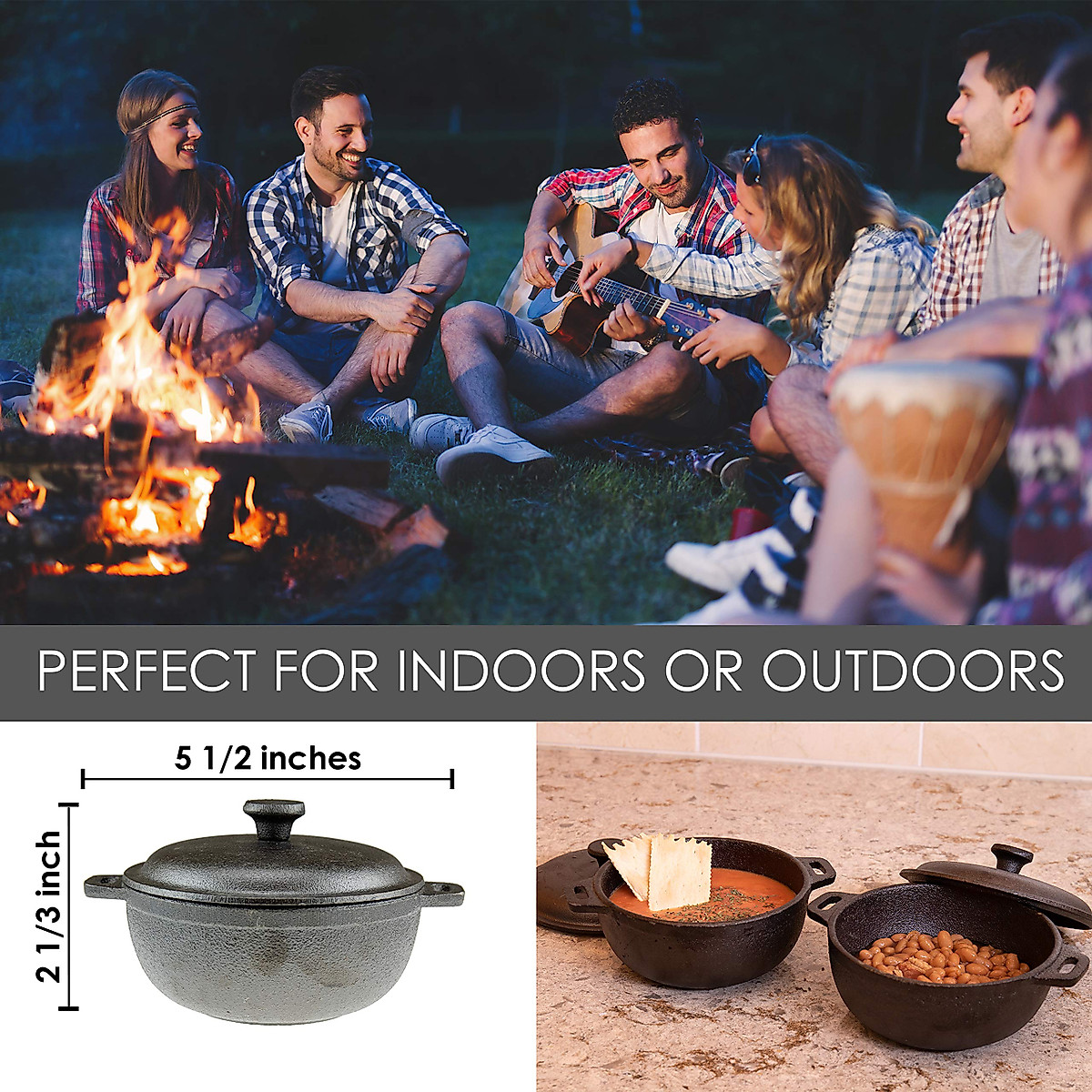 Heavy Duty Pre Seasoned Mini Cast Iron Dutch Oven Set of 3, Oven Safe Cooker, Black