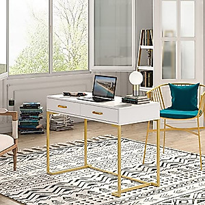 Tribesigns Computer Desk with 2 Drawers, 39.4” Modern Simple White and Gold Writing Desk Desk with Storage Drawers, Makeup Vanity Console Table Study Desk for Home Office