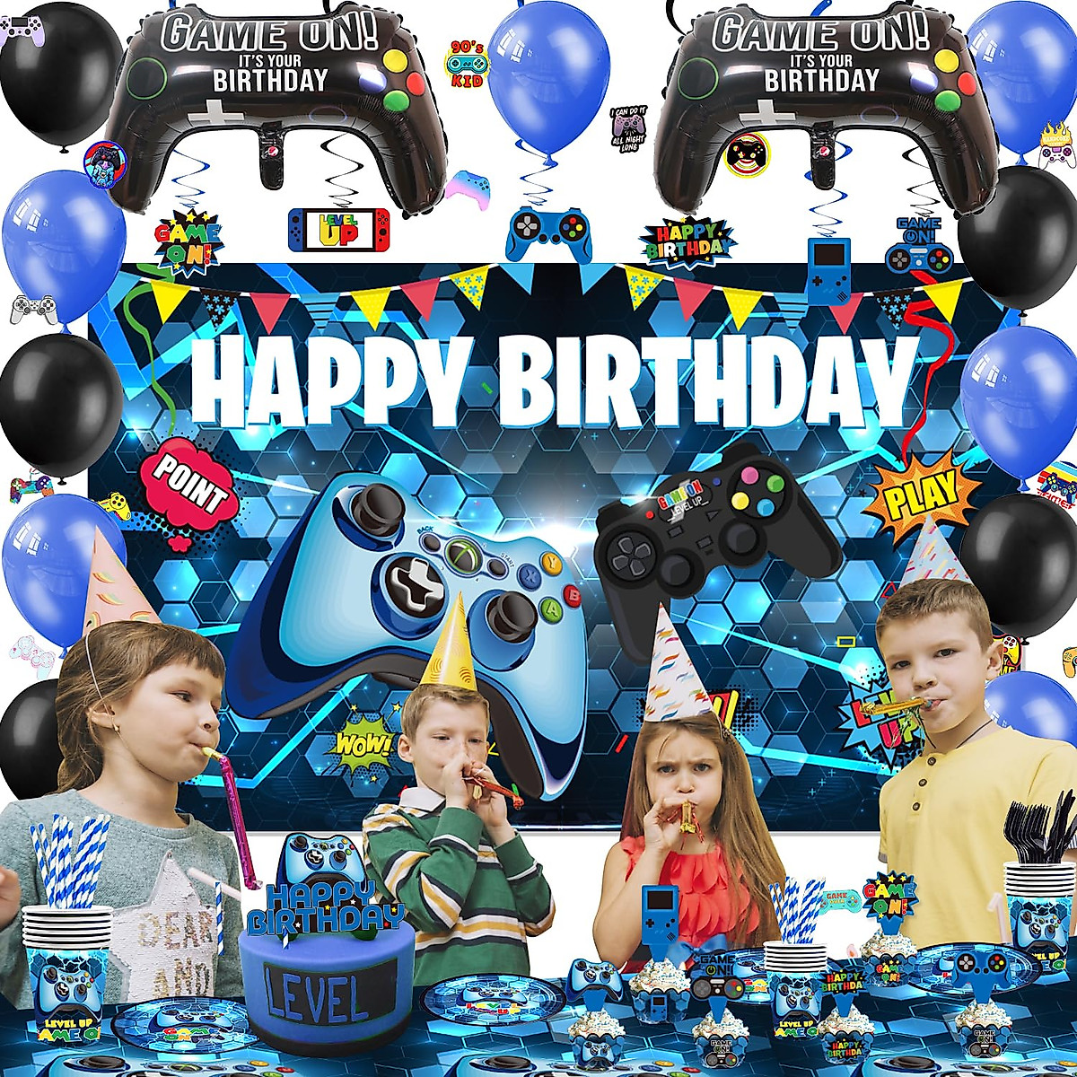 Mpanwen Blue Gamer Birthday Party Decoration - 218Pcs Video Game Gaming Party Supplies For Boys Birthday Party - Backdrop, Table Cover, Cupcakes Wrappers, Stickers, Bracelets Serves 10 Guests