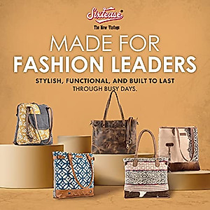 SIXTEASE Tote Bags for Women Large Tote Bag with Zipper Top - Genuine Leather Strap, Upcycled Canvas, Rug, Hair On and Hardware Accents - Vintage Style Hand Stitched -Mayabay