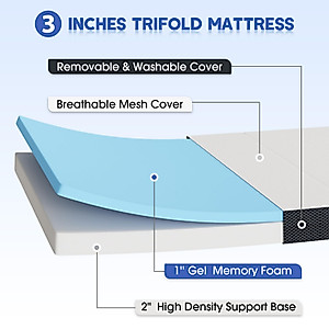 Queen Foldable Mattress, Folding Mattress with Breathable & Washable Cover, 3 Inch Trifold Mattress with CertiPUR-US Certified, Queen Mattress Memory Foam Topper for Camping, Guest, Floor RV (Queen）