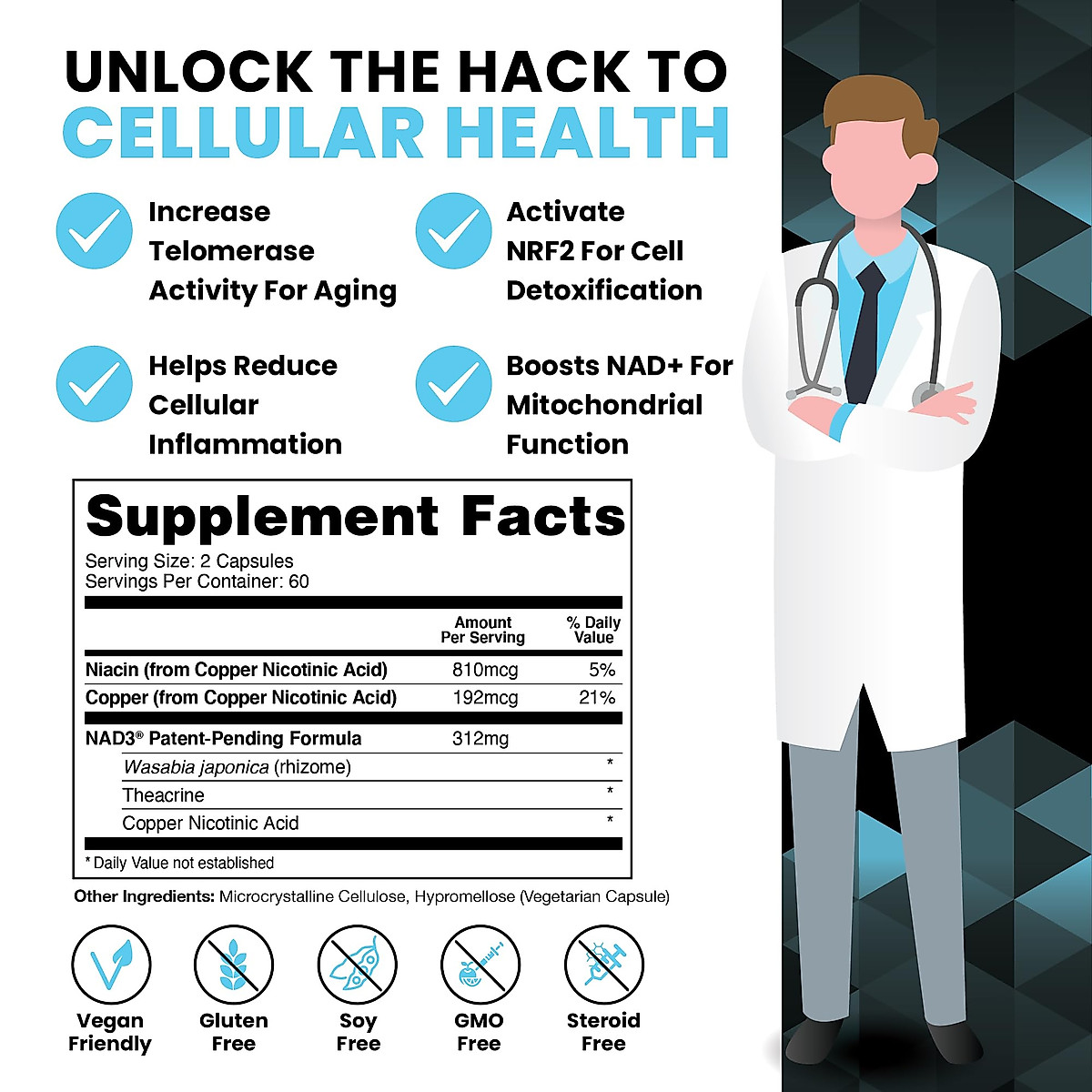 HPN Supplements NAD3 NAD+ Booster | Size 2 Month Supply | Clinically Proven & Independently Tested - Metabolic Repair | 312 mg/ Serving - 120 Capsules