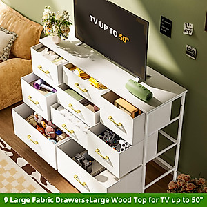 YILQQPER Dresser for Bedroom with 9 Drawers, Dresser TV Stand for 50" TV, Wide Bedroom Dresser Storage Organizers, Fabric Chest of Drawers, Dresser for Living Room, Closet, White
