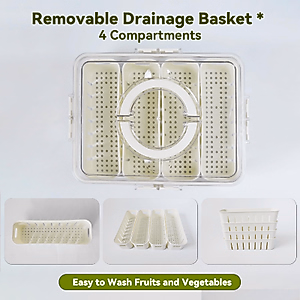 LEEHEZLY Food Storage Container for Fridge, Portable White Plastic BPA-free Box, Divided Serving Tray with Lids and Handle, Keep Fruits and Vegetables Fresh with 4 Removable Colanders (Short)