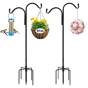 MIXXIDEA Double Shepherds Hook 91 Inch, Bird Feeder Pole with 5 Prong Base, 3/5 Thick Adjustable Hook for Hanging Bird Feeders, Plant Basket, Solar Lights Lantern, Weddings Decor (Black 2 Pack)