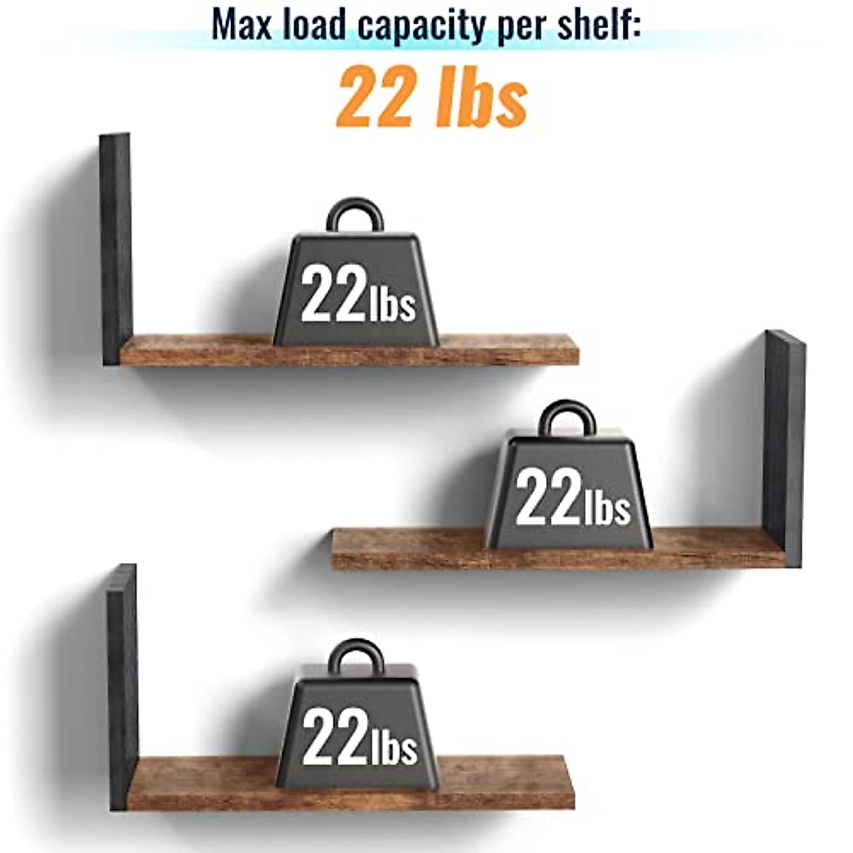 NiHome Floating Wall Shelves 3-Pack, Hanging Corner Shelves, Rustic Wood Book Shelves, Corner Bookshelf for Bedroom, Living Room, Bathroom, Wall Mounted Decor (Black & Brown)