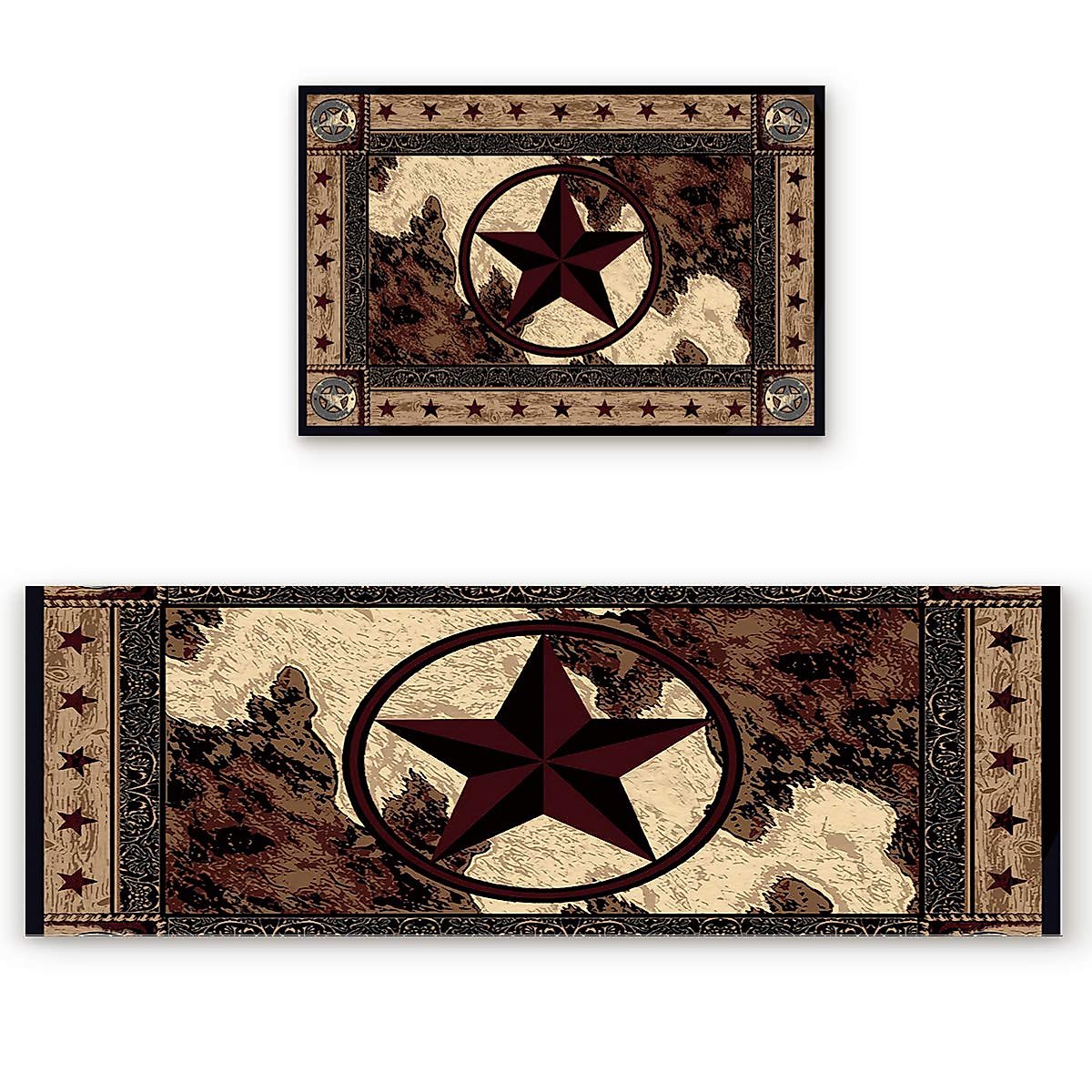 Independence Day 2 Pieces Kitchen Rug Mat Set Retro Star Map Absorbent Soft Runner Carpets Country Pentagram Border Nostalgic Classic Non Slip Doormat Floor Mats Throw Runner Rug for Living Room