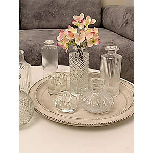 RM ROOMERS White Round Wooden Tray, Decorative Round Tray with Tiny Bead Stringing, Coffee Table Tray Circle, White Round Serving Tray for Living Room, Farmhouse