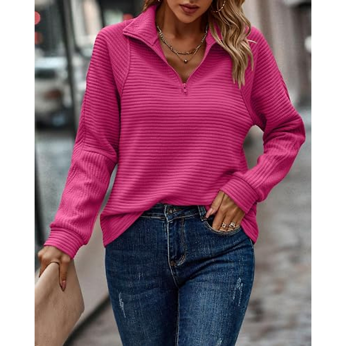 BTFBM Womens Fall Sweatshirts Half Zip Fashion Quilted Pattern Sweatshirts Pullover Shirts Tops(Solid Rose Red,Medium)