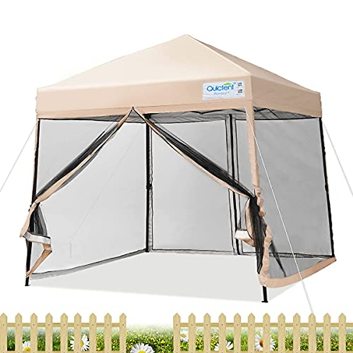 Quictent 9'x9' Slant Leg Pop up Canopy Tent with Mosquito Netting, Instant Screen House Room Tent Gazebo, Easy Set up, Tan